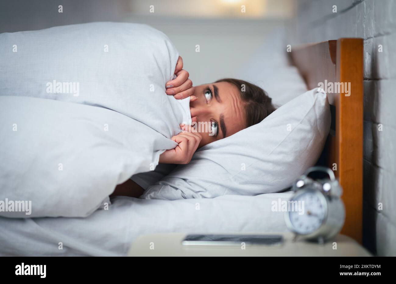 Anxiety And Insomnia. Anxious Girl Lying In Bed Being Afraid Pulling ...