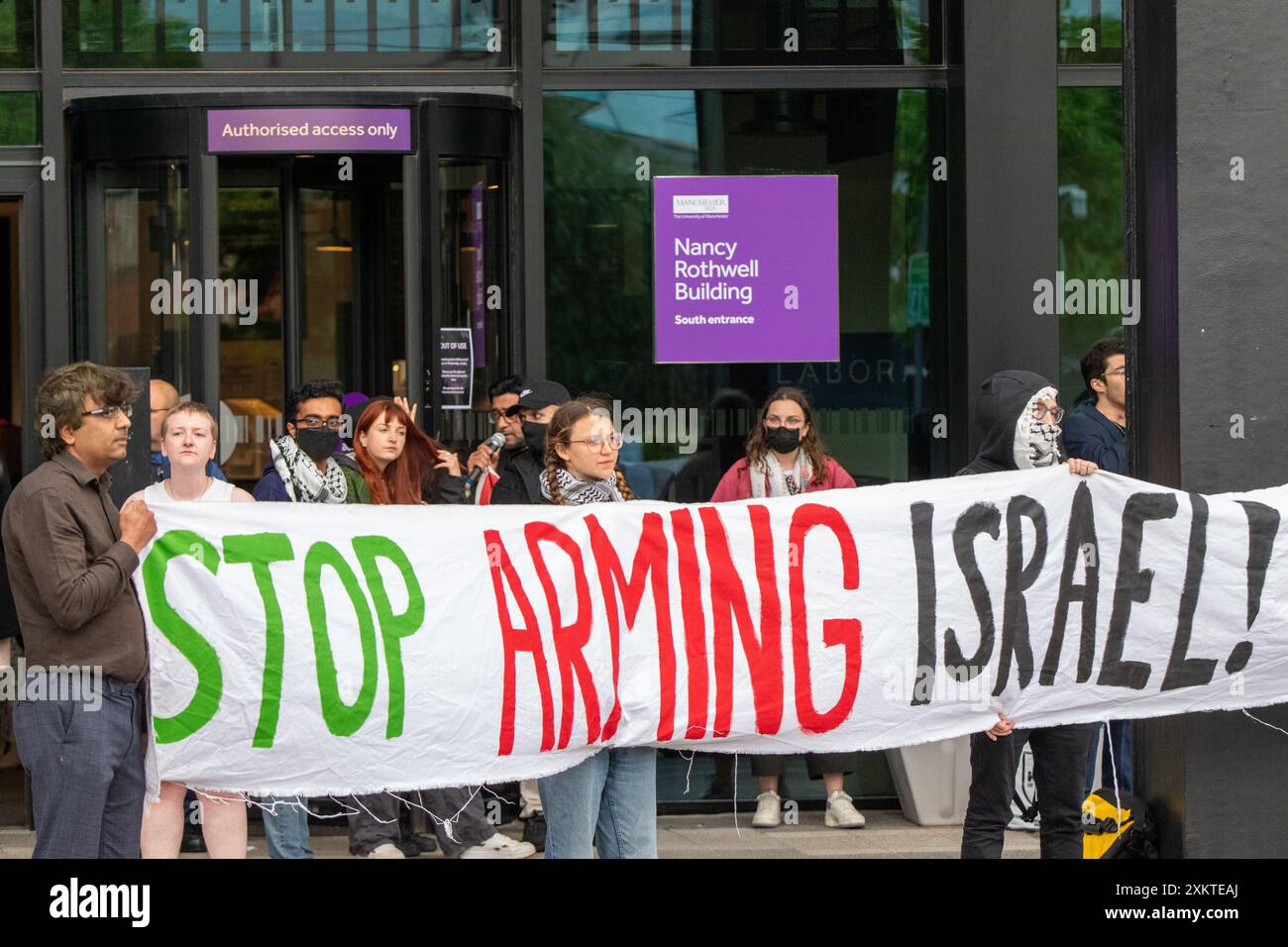 Manchester UK, 24/07/2024, Protesters gather outside the Nancy Rothwell ...