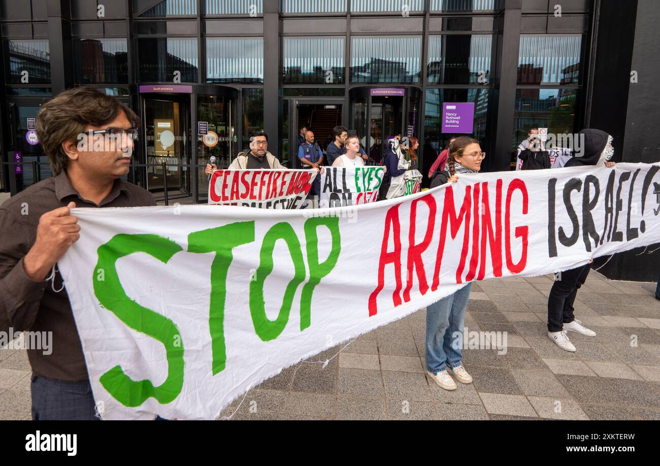 Manchester UK, 24/07/2024, Protesters gather outside the Nancy Rothwell ...