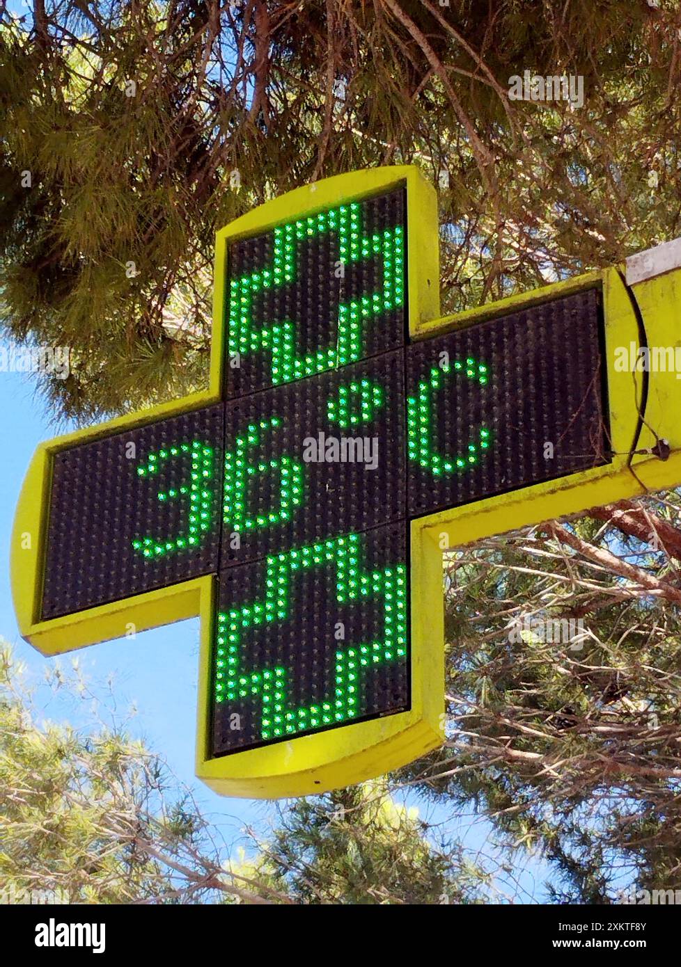 High temperature, heat wave. Display on the sign of a pharmacy ...