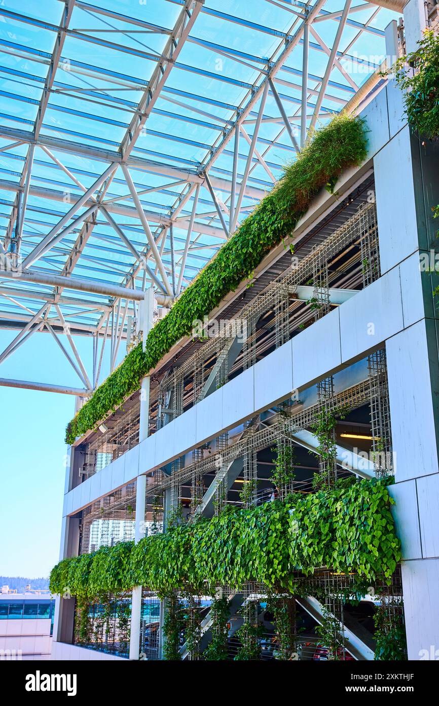 Green Building with Cascading Plants and Glass Roof from Low Angle ...