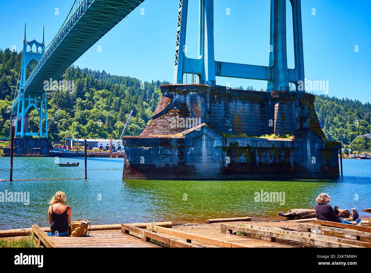 St Johns Bridge Over Riverside with Two People on Dock Eye Level View ...