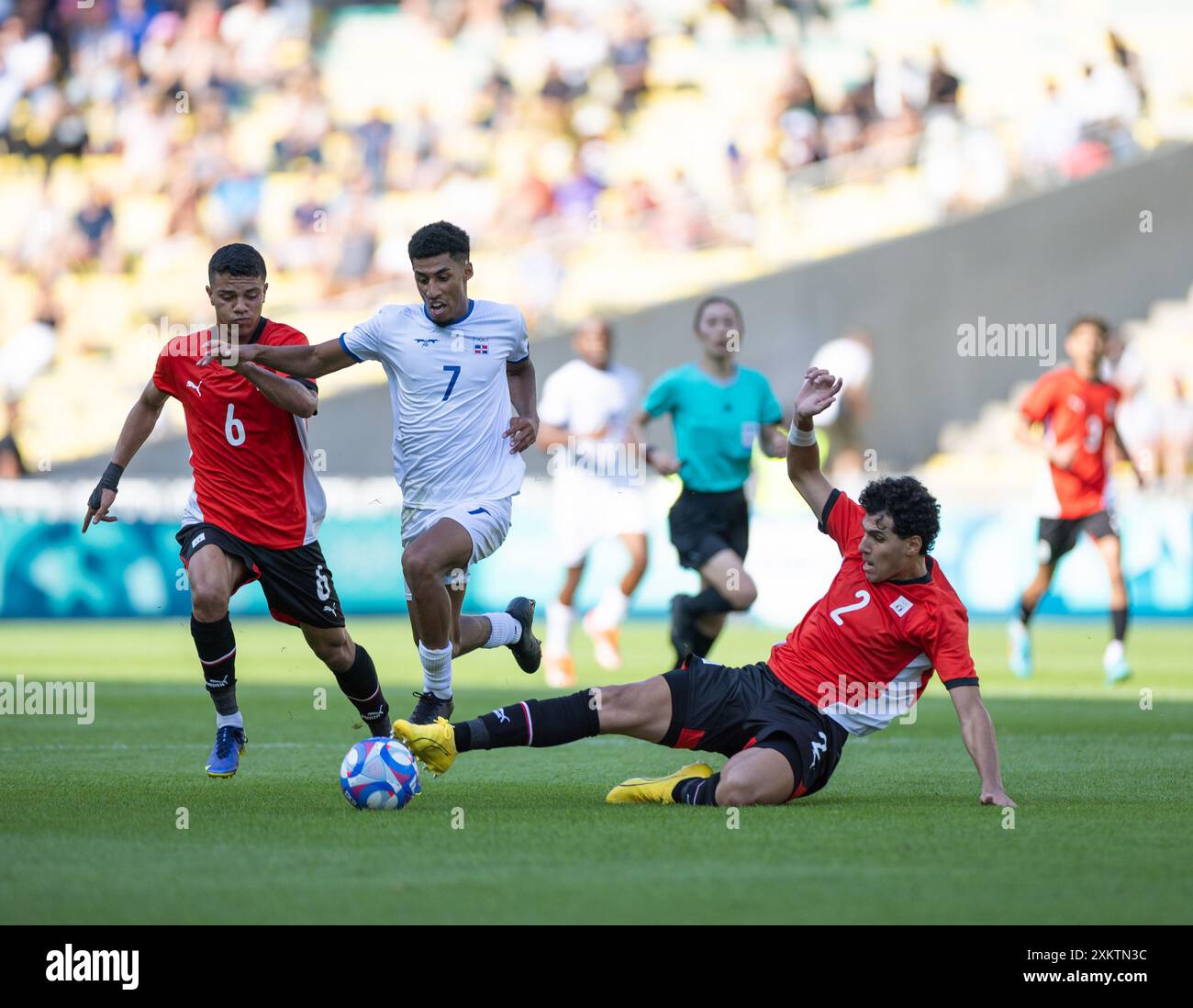 Nantes, France, July 24th 2024: Omar Fayed (2 Egypt) battle for the ...