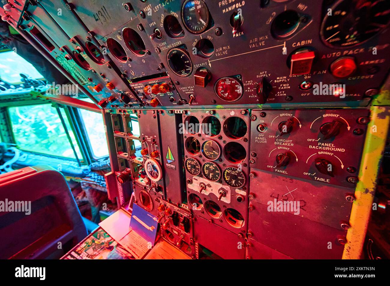 Vintage Aircraft Cockpit Control Panel Close-Up in Dramatic Red Light ...