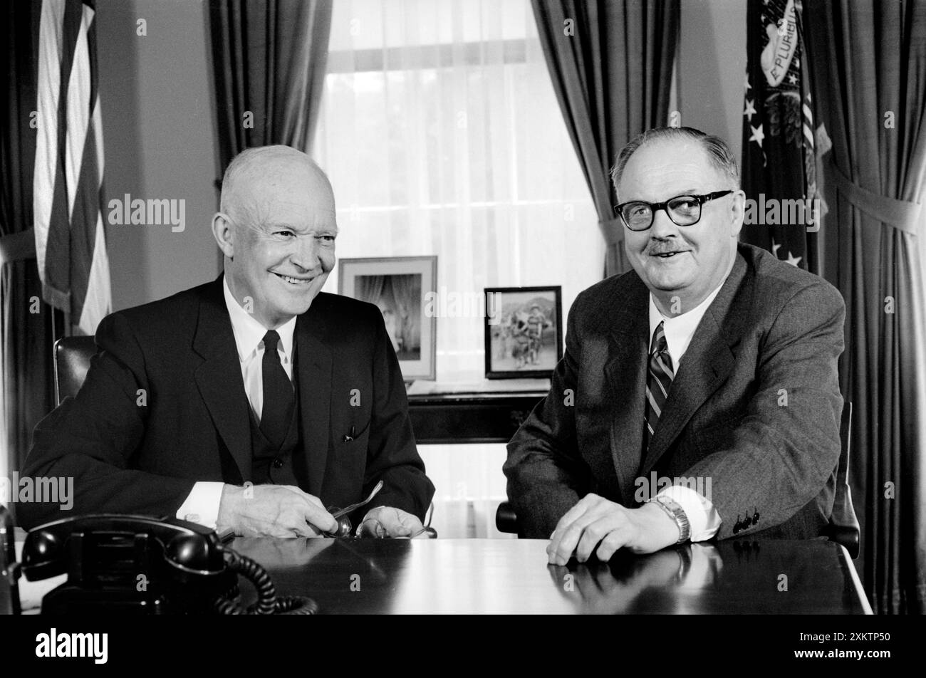 U.S. President sitting with Austrian Chancellor Julius Raab, Oval ...