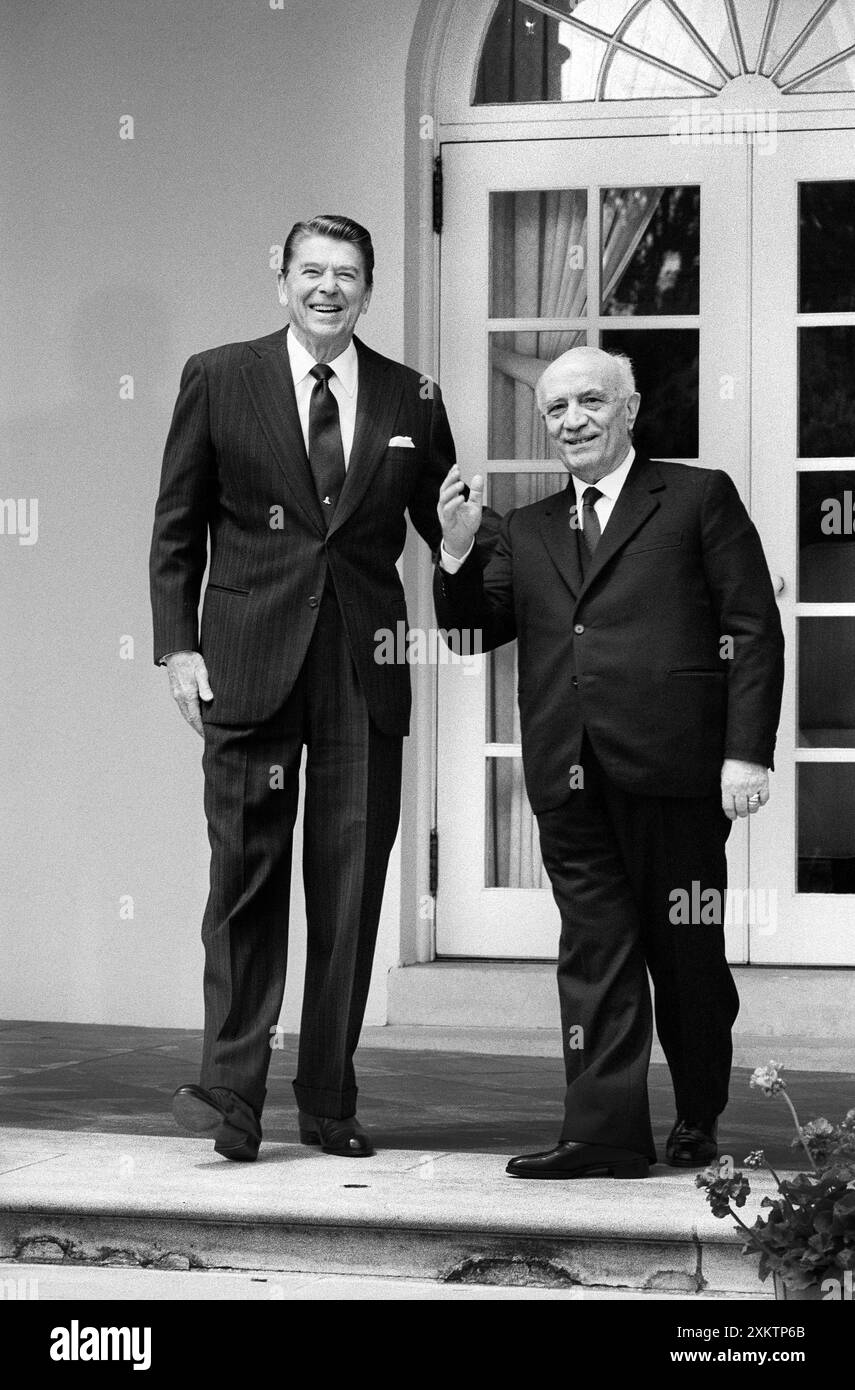 U.S. President Ronald Reagan standing with Italian Prime Minister ...