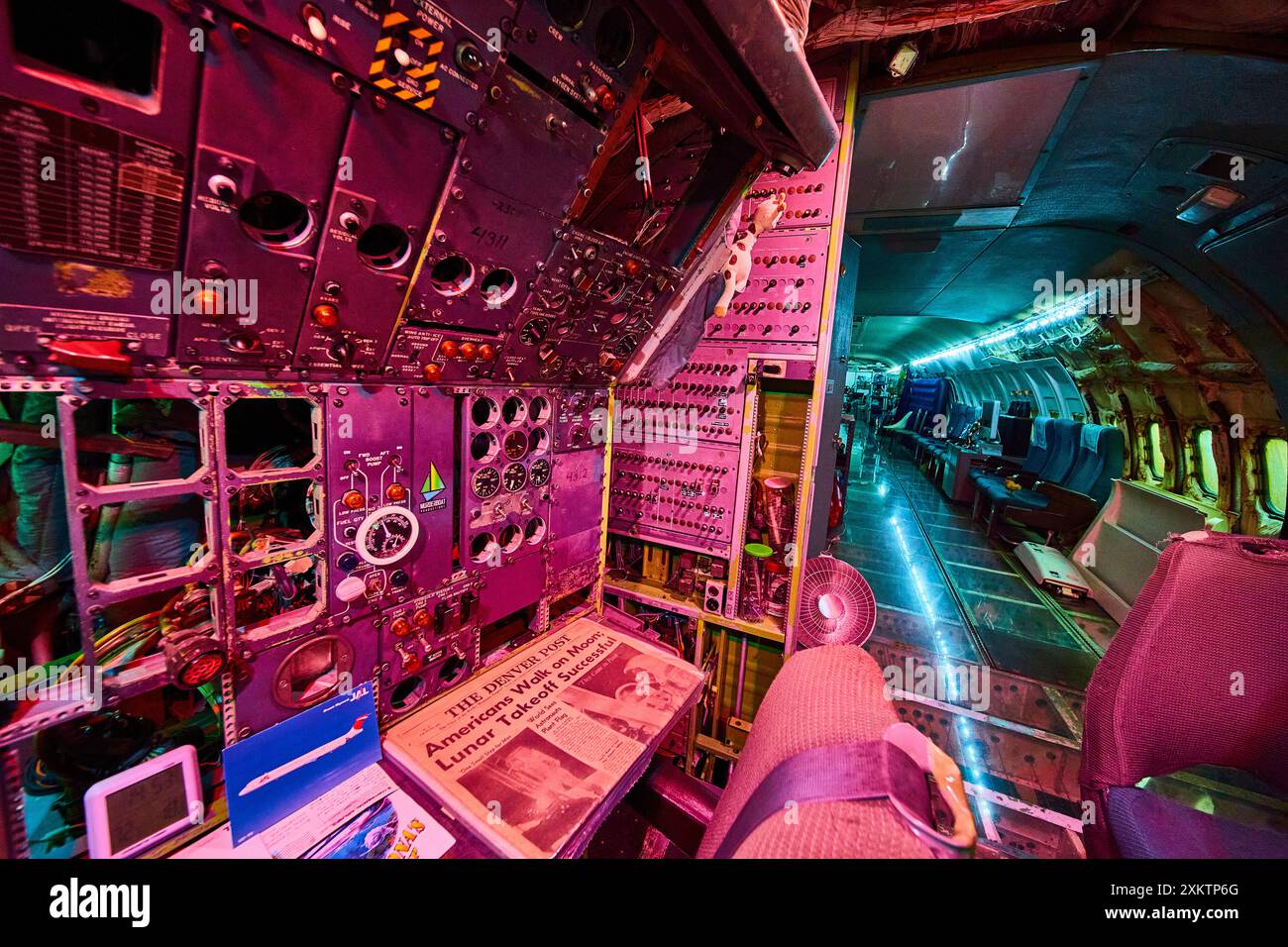 Vintage Airplane Cockpit and Cabin with Colorful Lights Rear View Stock ...