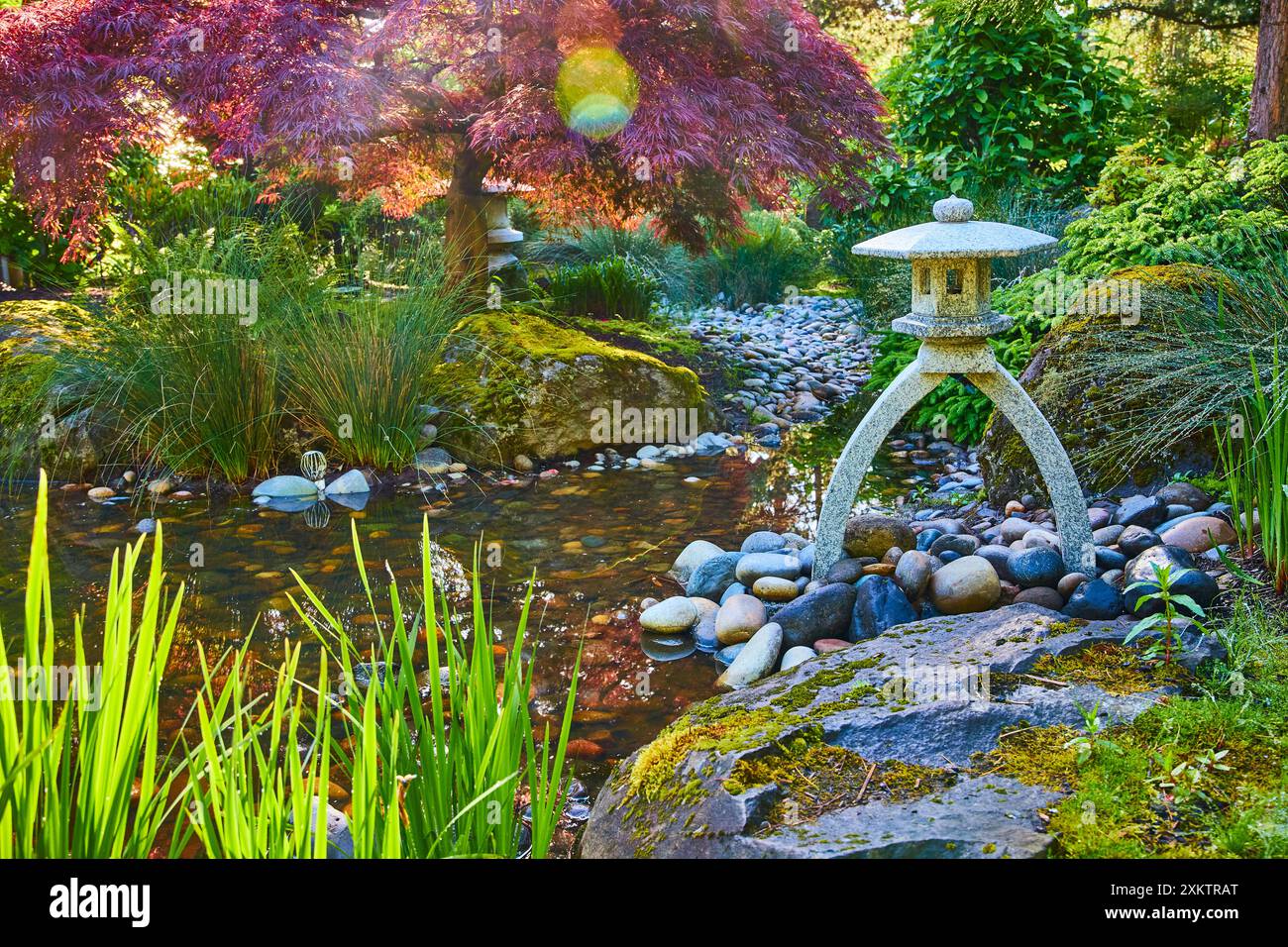 Japanese Garden with Stone Lantern and Pond Eye Level View Stock Photo ...