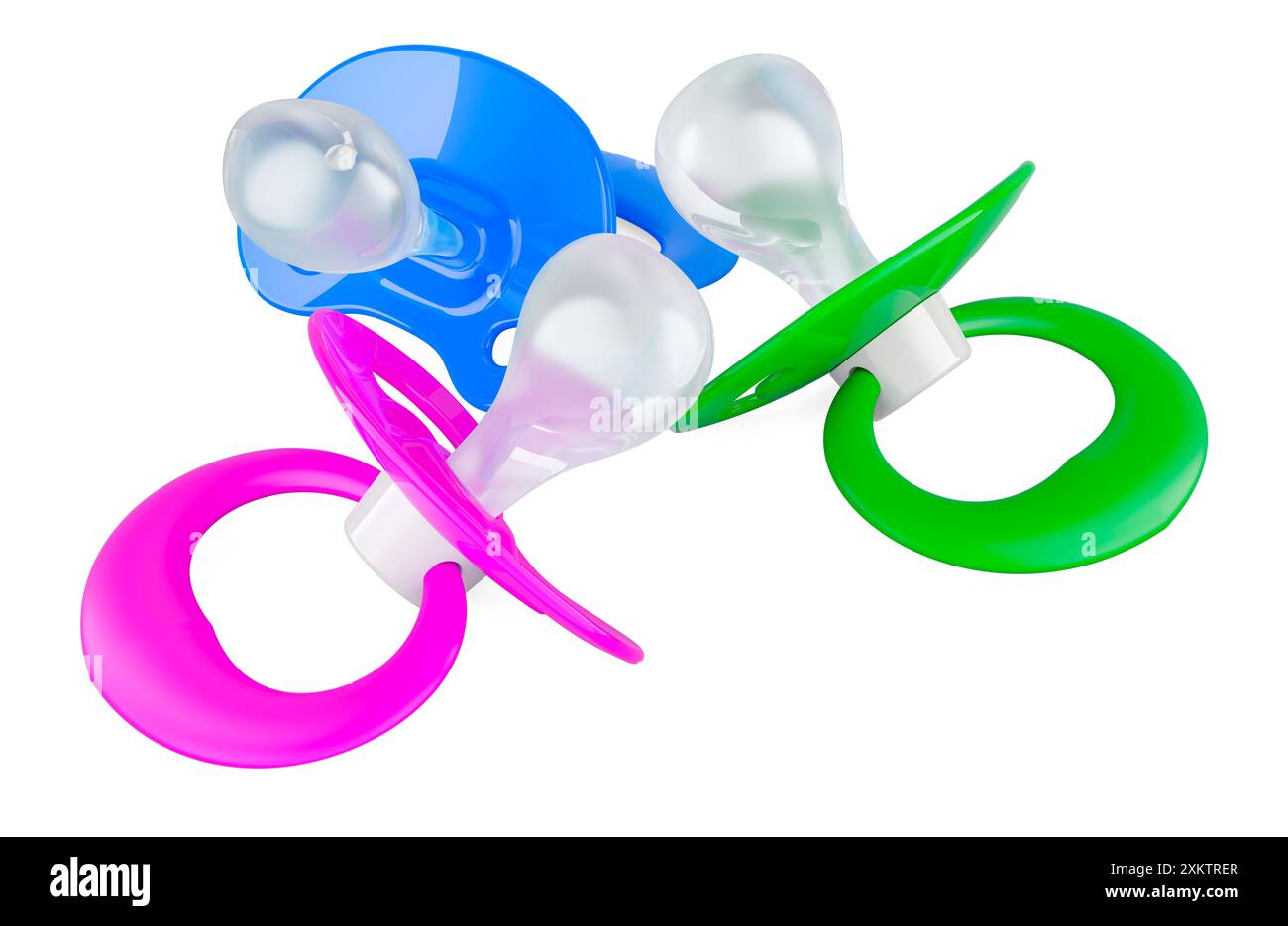 Three Colored Pacifiers, triplets boys, concept. 3D rendering isolated ...