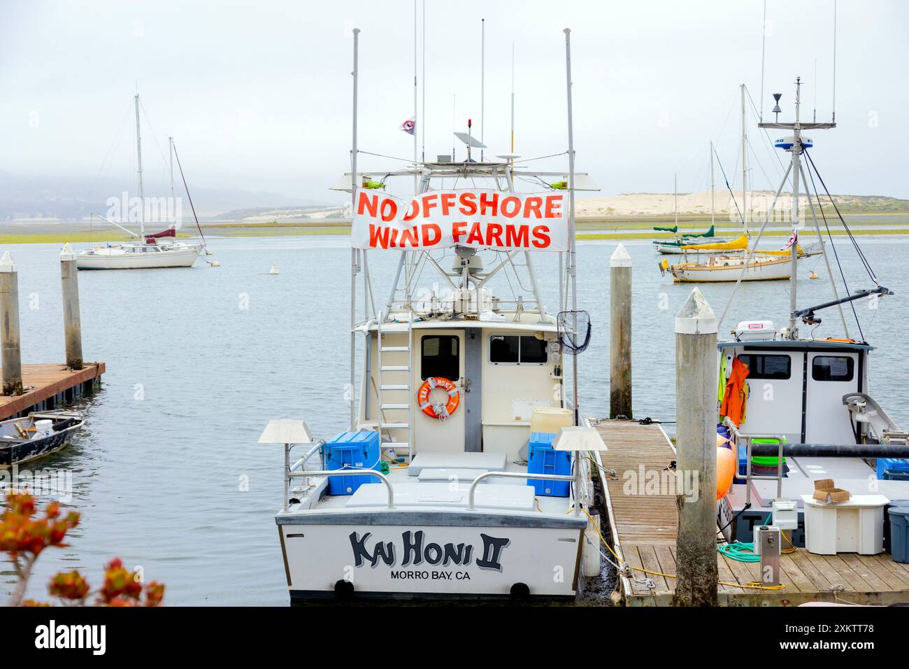 No offshore wind farms banner on docked boat hi-res stock photography ...