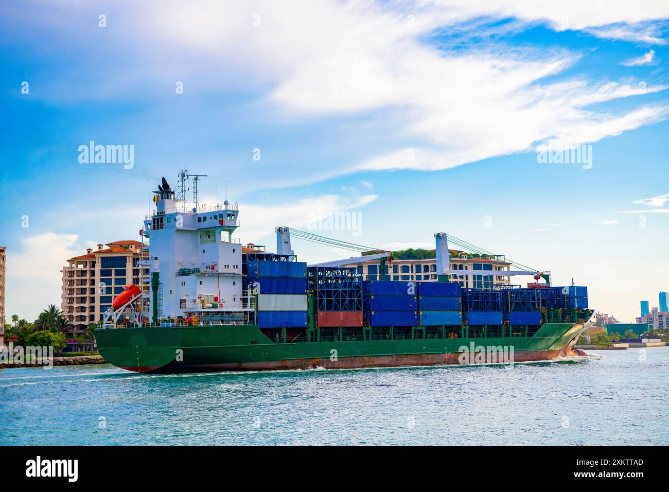 Cargo ship with container in Miami. Container on barge at Port Miami ...