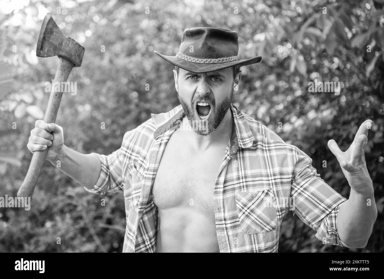 shouting angry lumberjack with axe wearing checkered shirt. angry ...