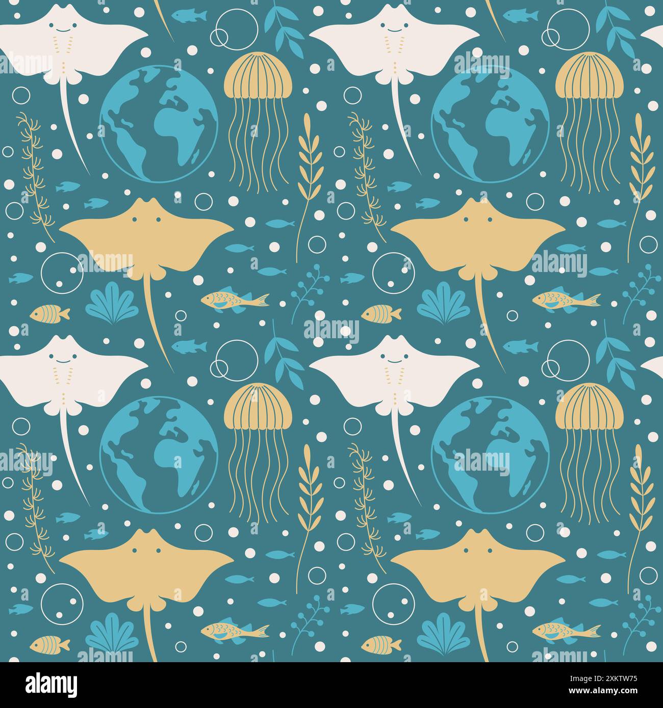 Stingrays, jellyfish, fish, and planet Earth. Seamless vector ...