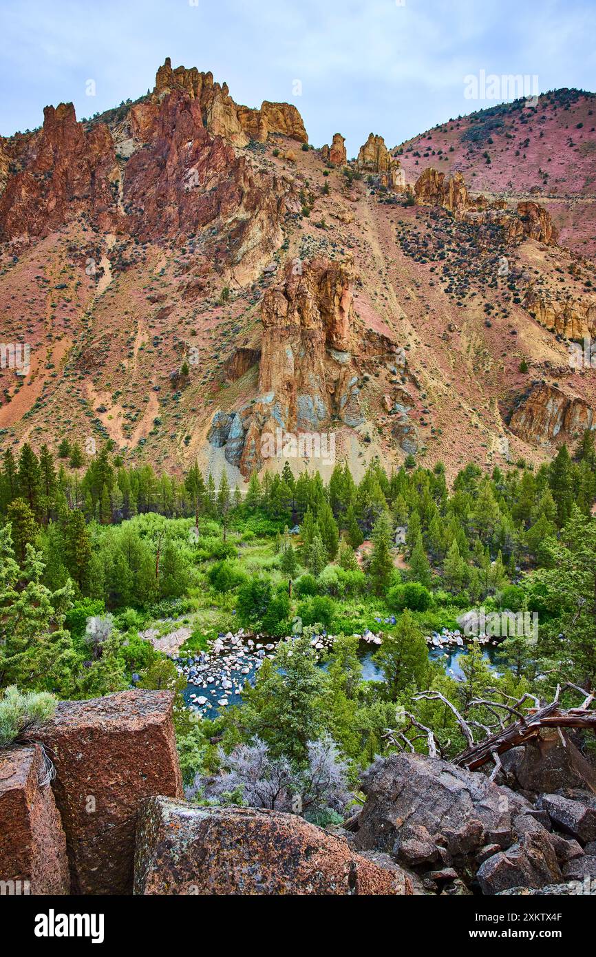 Rugged Boulders and Valley with River at Smith Rock State Park Aerial ...