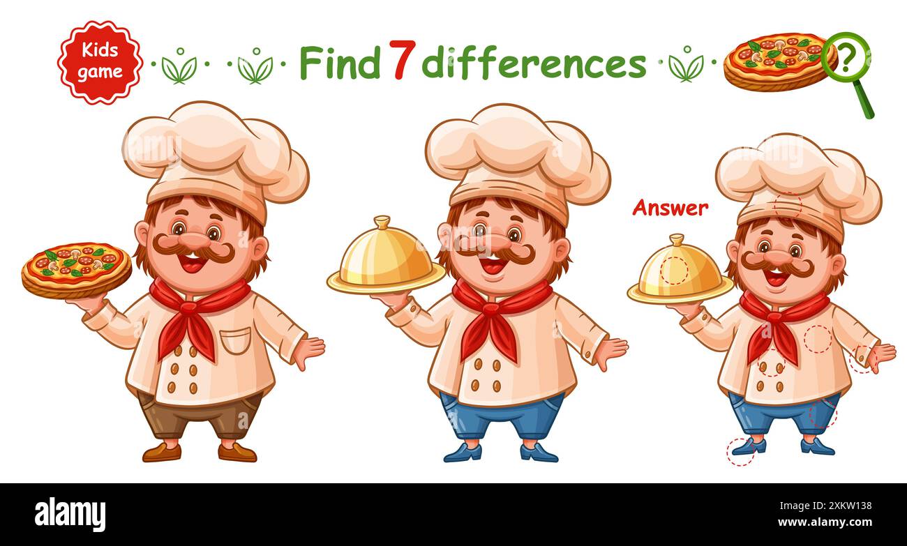 Cute chef cook man, cooking master hold food tray find 7 difference ...