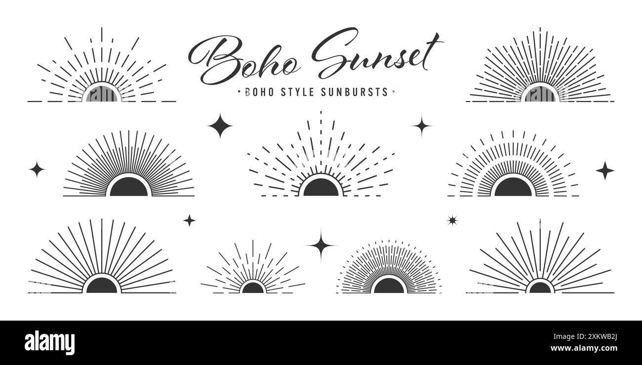 Vintage sunburst, sunset beams, half circle sunrise. Boho style, modern ...
