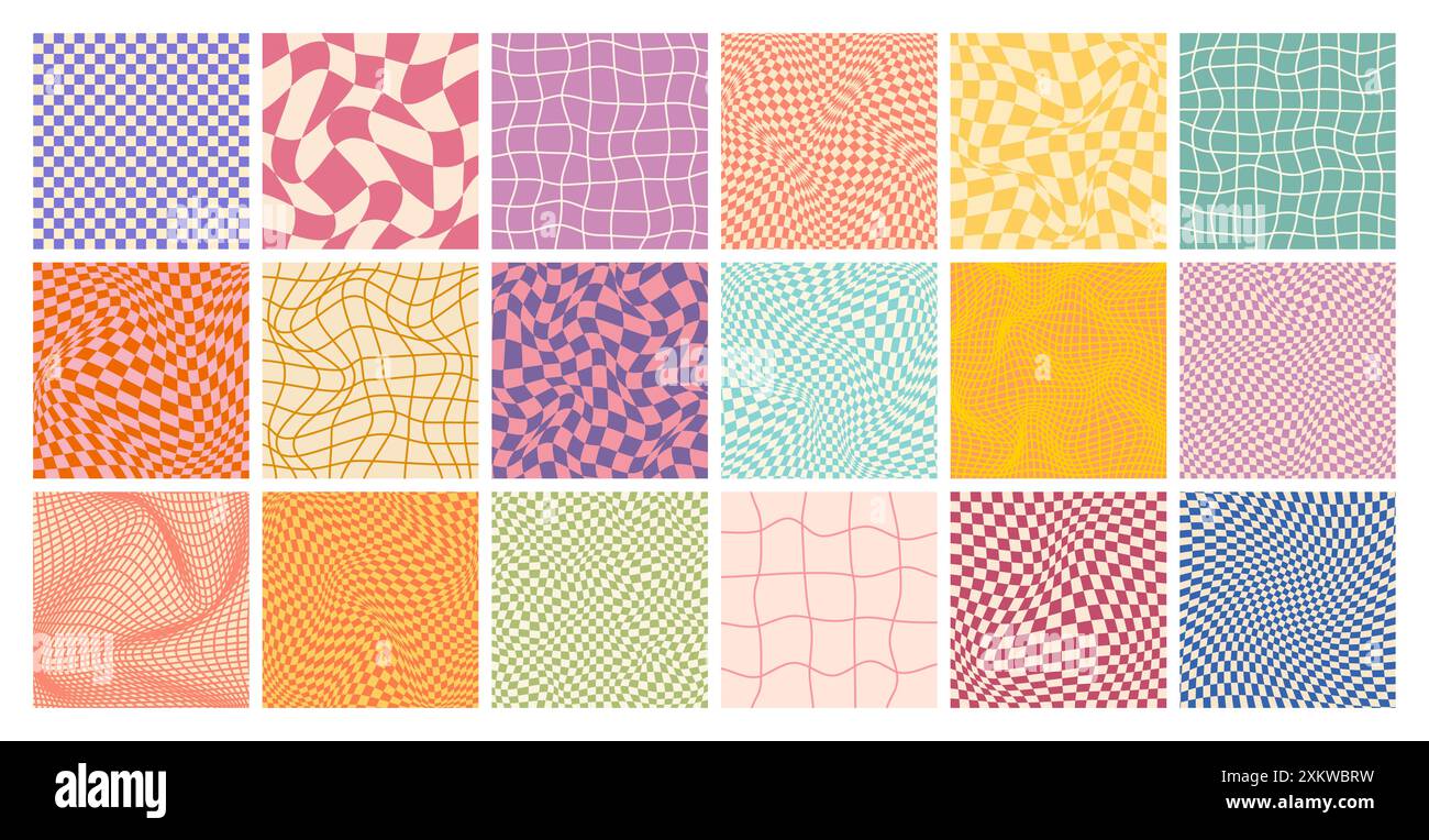 Groovy checkered pattern, colorful distorted tiled grid. Vintage wavy curved backdrop ...