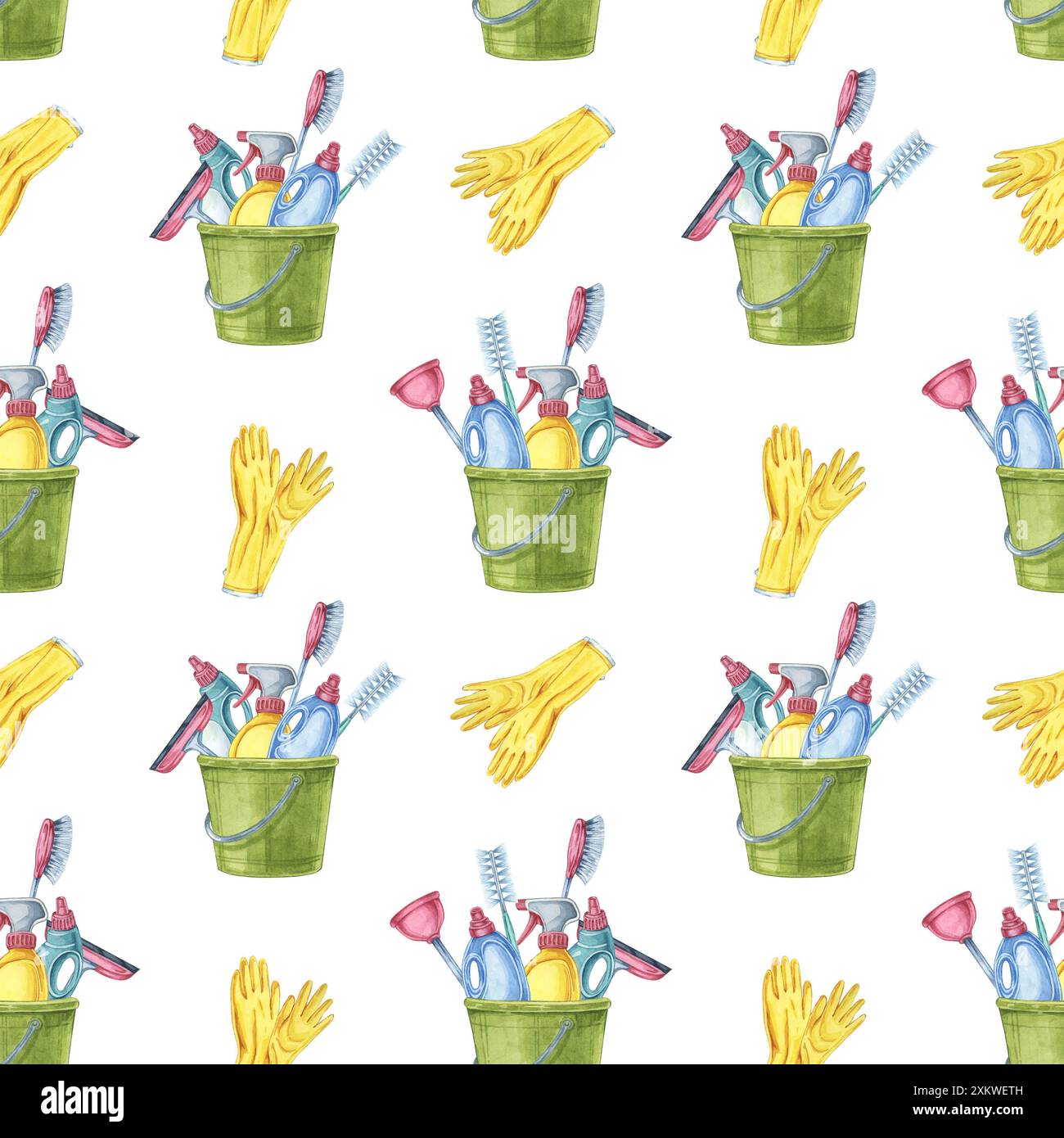 Cleaning tools seamless pattern watercolor clipart depicting an array ...