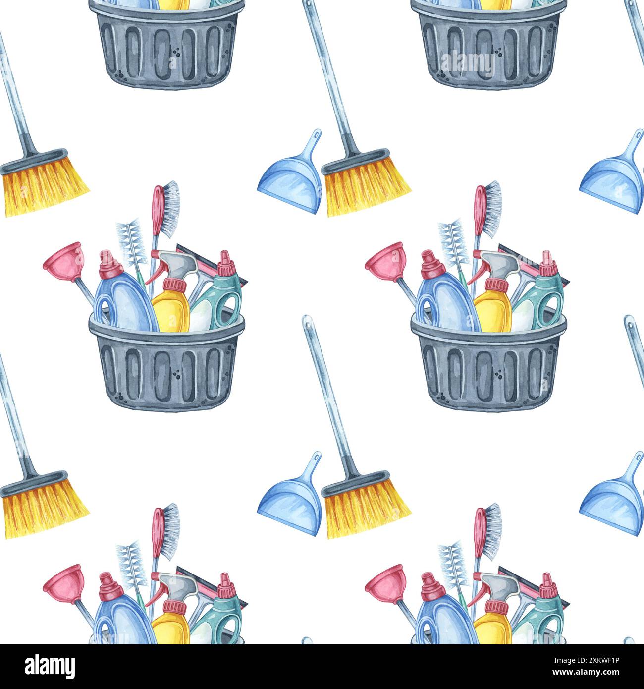 Cleaning tools seamless pattern depicting a broom, dustpan, and bucket ...