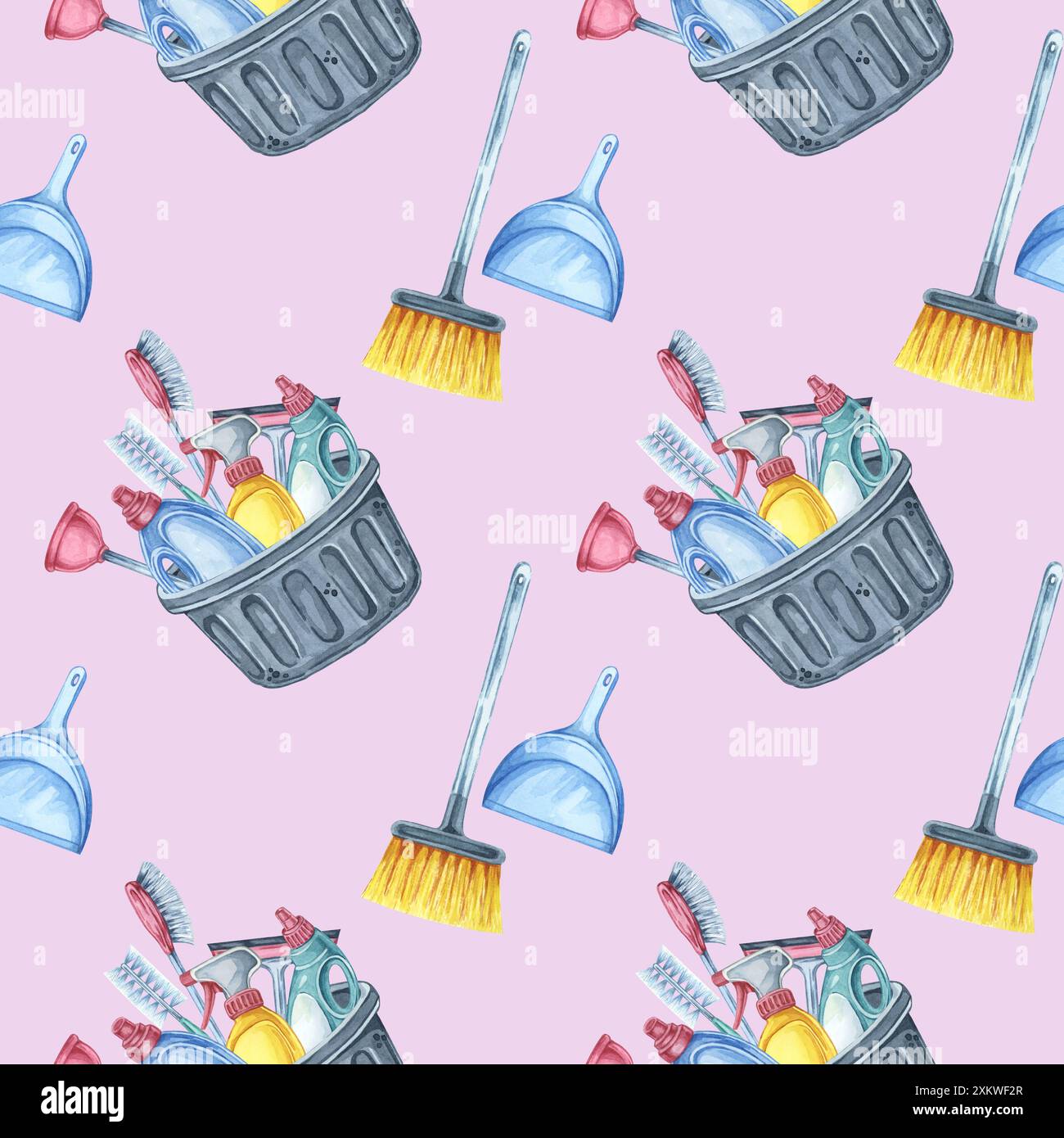 Cleaning tools seamless pattern. Broom, dustpan, and bucket with ...