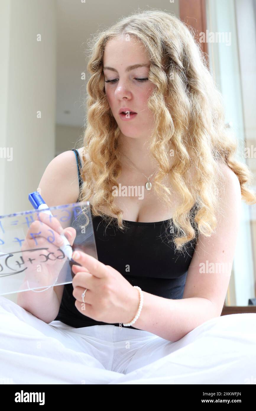 Teenage girl doing maths math sitting on floor writing on whiteboard with pens algebra fractions ...