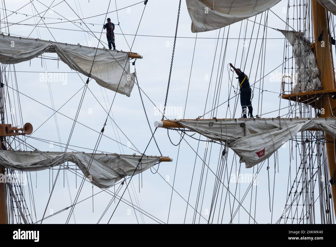 MARIEHAMN, ÅLAND, FINLAND - JULY 24 2024: Lights are hung up by sailors ...