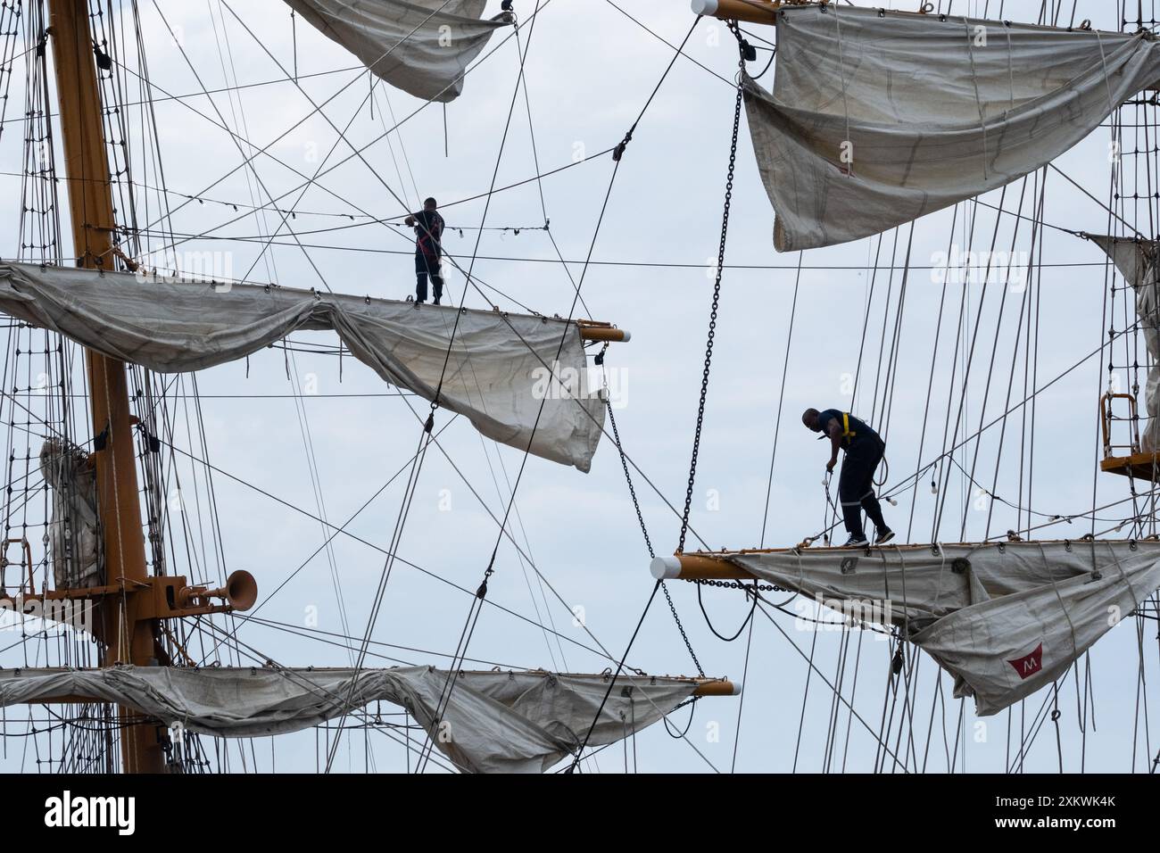MARIEHAMN, ÅLAND, FINLAND - JULY 24 2024: Lights are hung up by sailors ...