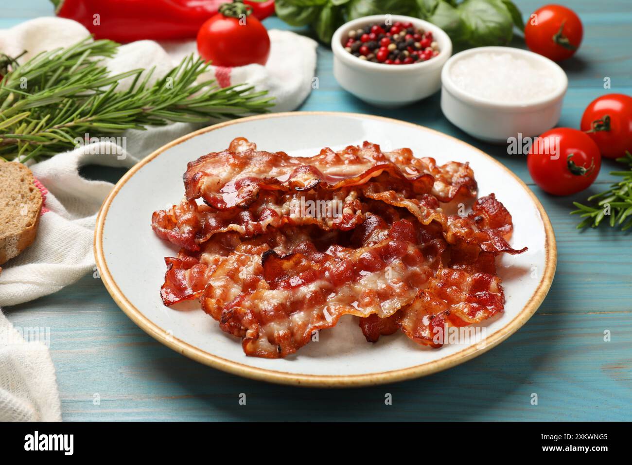 Slices fried bacon spices hi-res stock photography and images - Alamy