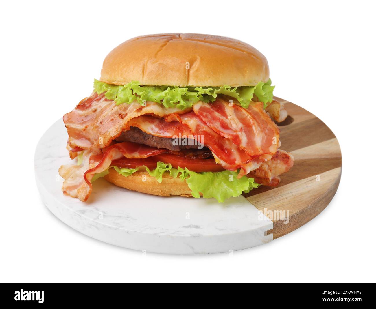Delicious burger with bacon, patty and tomato isolated on white Stock ...