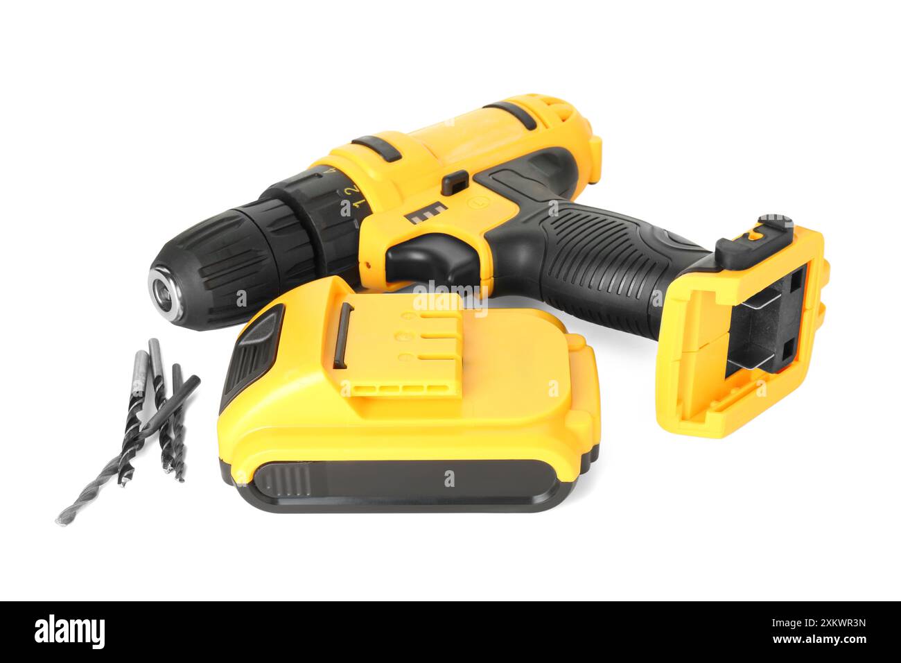 Modern cordless electric screwdriver, drill bits and battery isolated ...