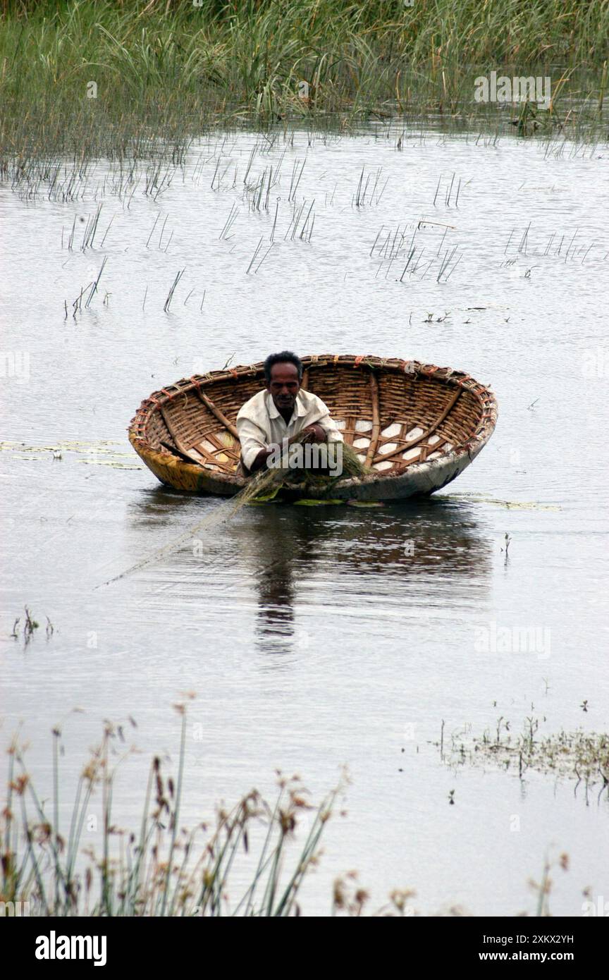 Man fishing from a coracle in temporary pool Stock Photo - Alamy