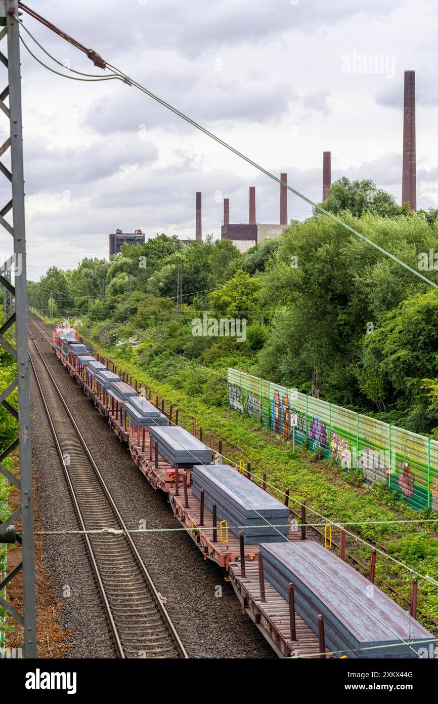 Freight train, loaded with steel slabs, on the line of the Köln ...