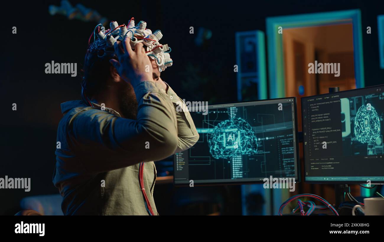 Man Puts Eeg Headset On To Transfer Mind Into Computer Virtual World