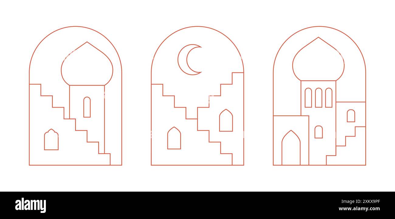 Line arabic city panorama, landscape, mosque, house. Window, arch ...