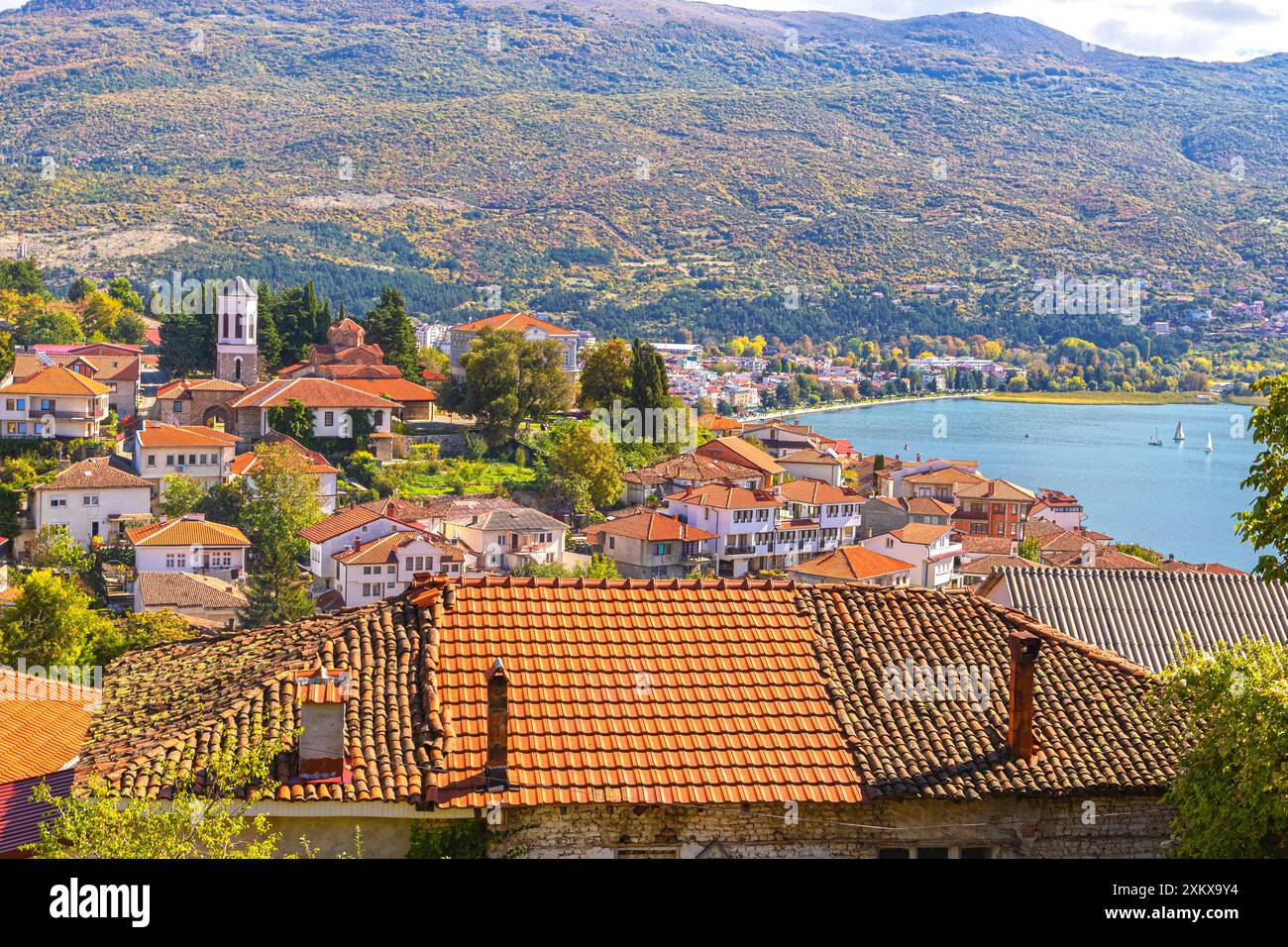 Aerial panoramic view of Ohrid town and lake at sunny day. Old city ...