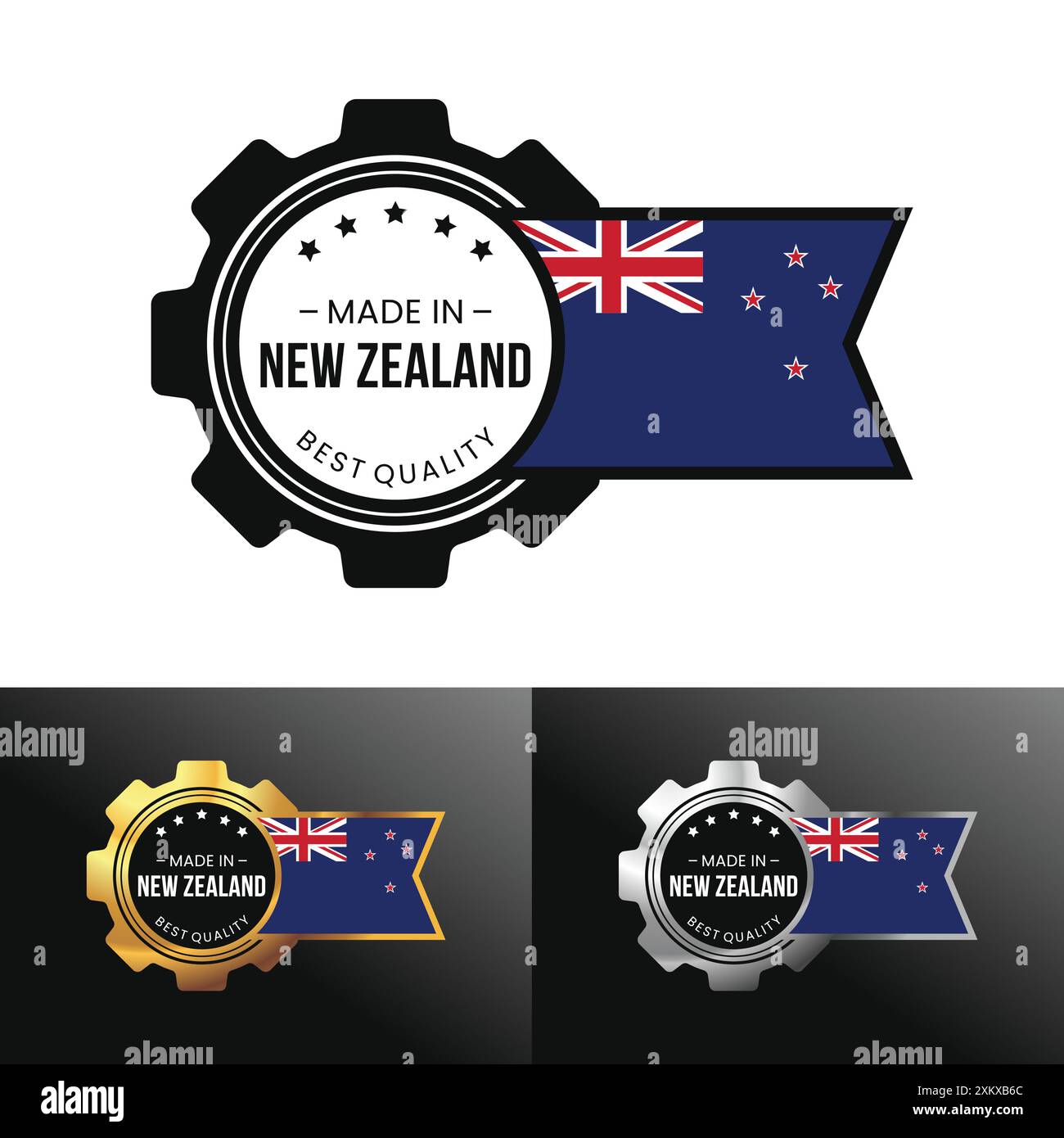 Made in New Zealand with gear and flag design. For banner, stamp, sticker, icon, logo, symbol ...