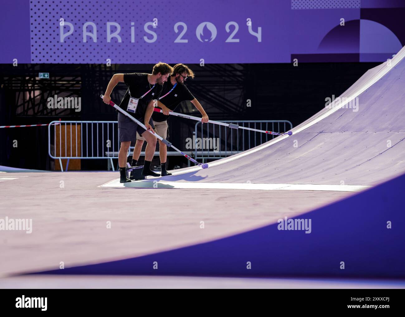 Paris, France. 24th July, 2024. Workers finish painting the Cycling BMX ...