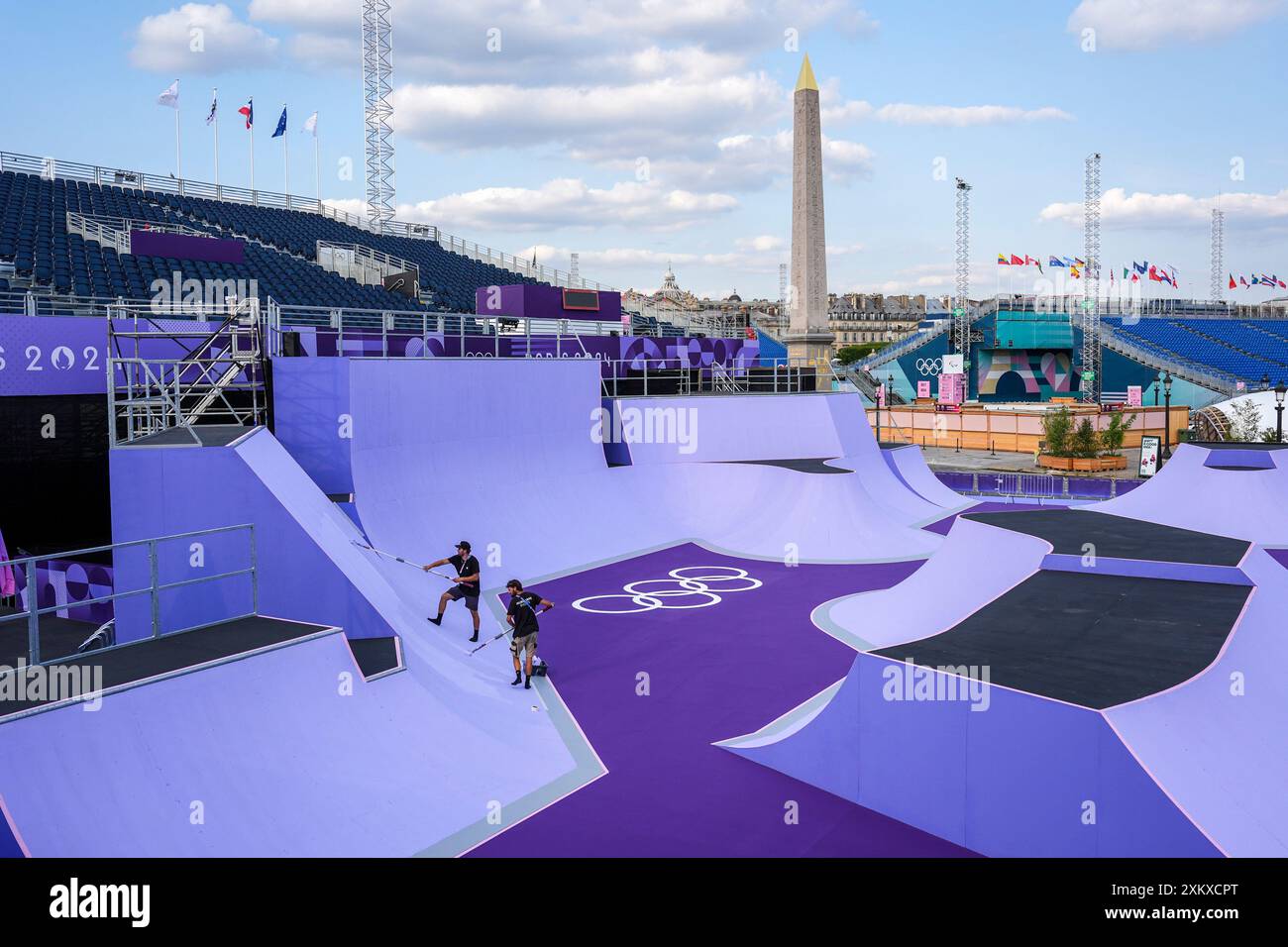 Paris, France. 24th July, 2024. Workers finish painting the Cycling BMX ...