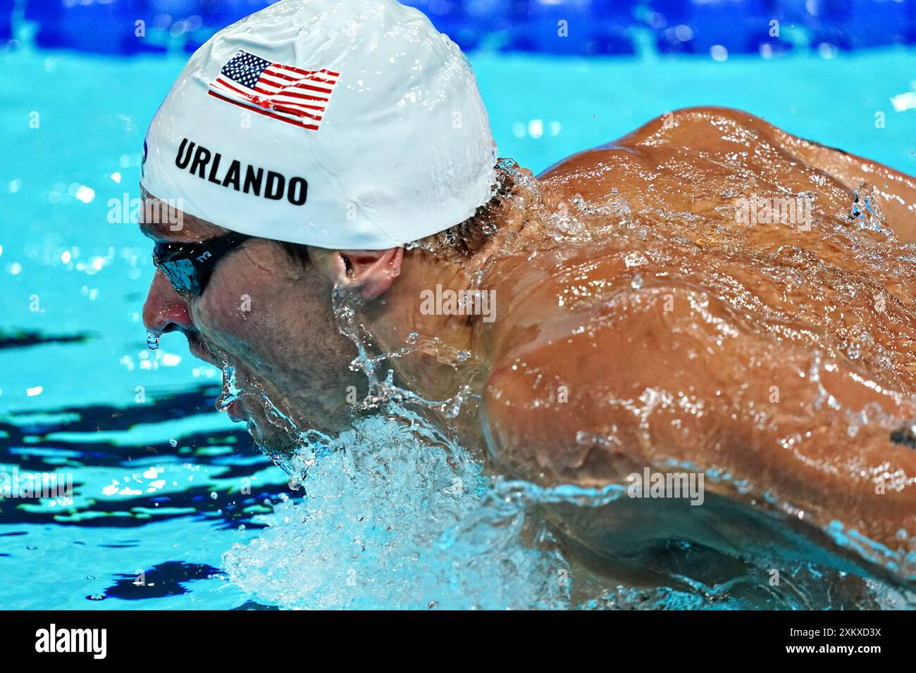 Paris, France. 24th July, 2024. Luca Urlando of Team USA swims laps ...