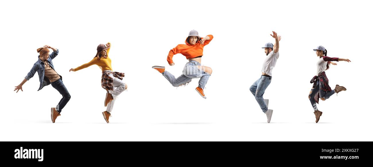 Group of young dancers performing modern dance isolated on white ...