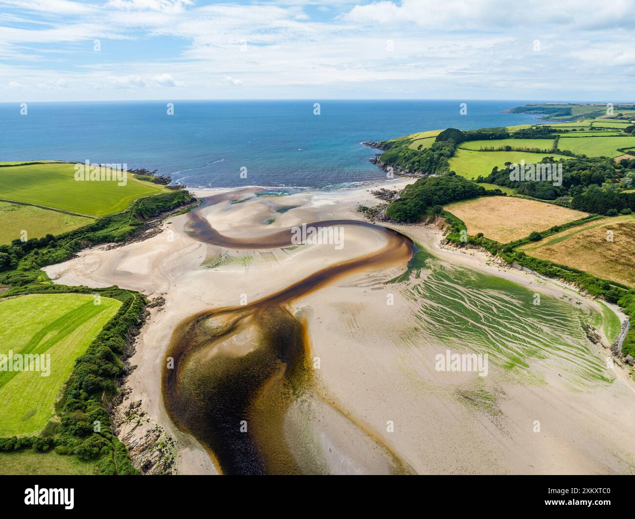River Emme and Red Cove from a drone, Mothecombe, Plymouth, South Devon ...