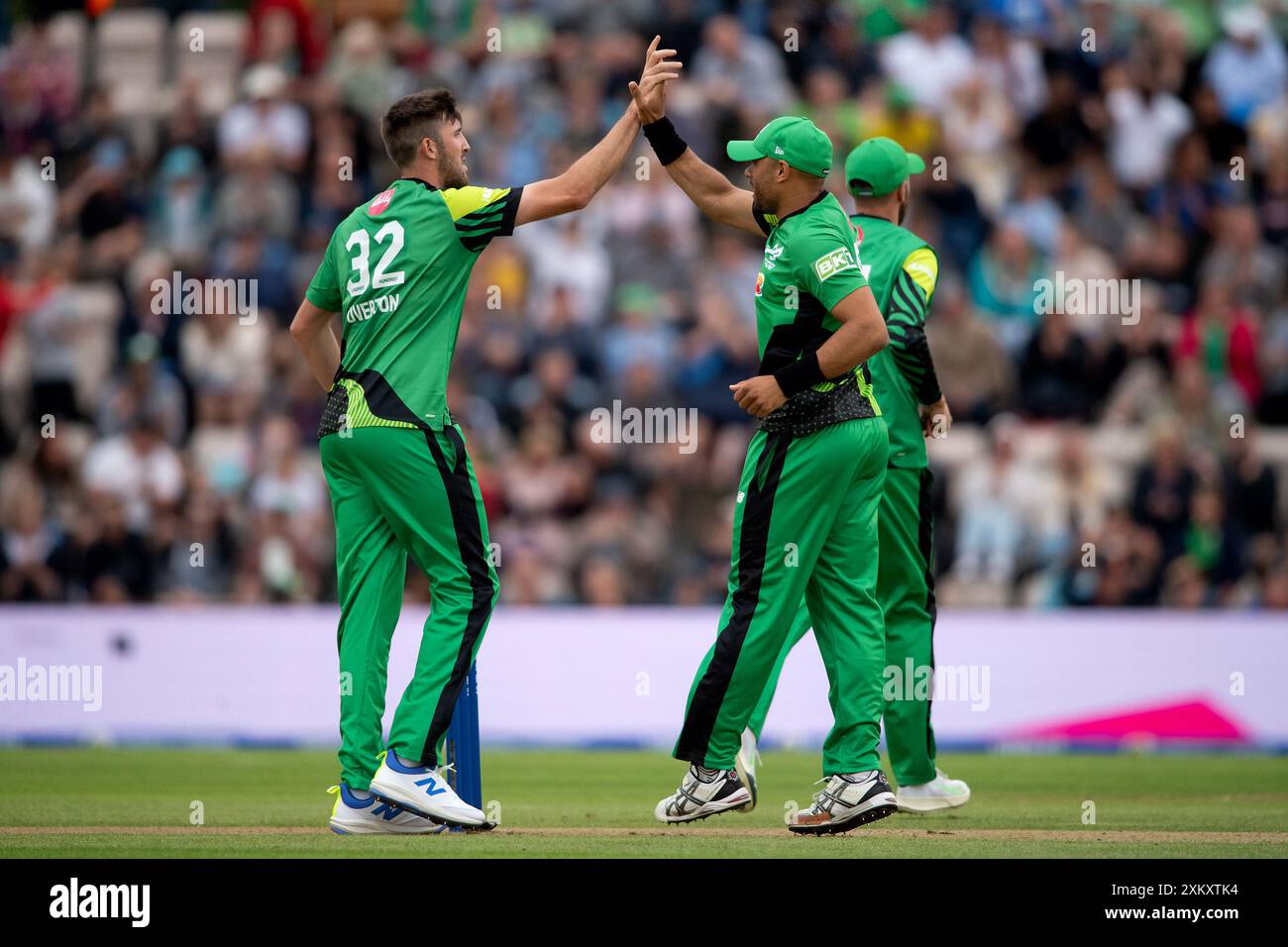 Southampton, UK. 24 July 2024. Craig Overton (left) and Tymal Mills of ...