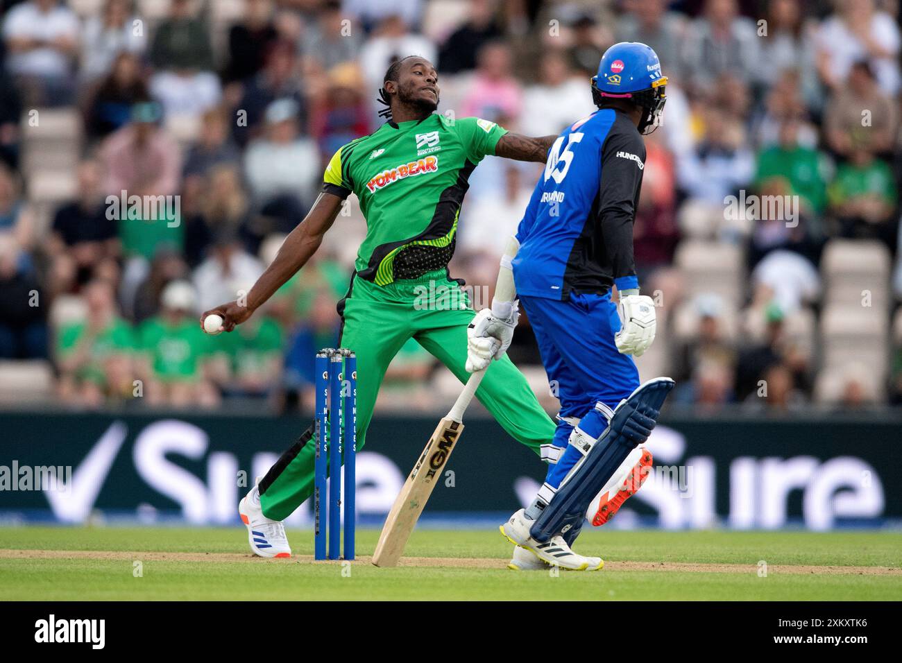 Southampton, UK. 24 July 2024. Jofra Archer of Southern Brave bowling ...