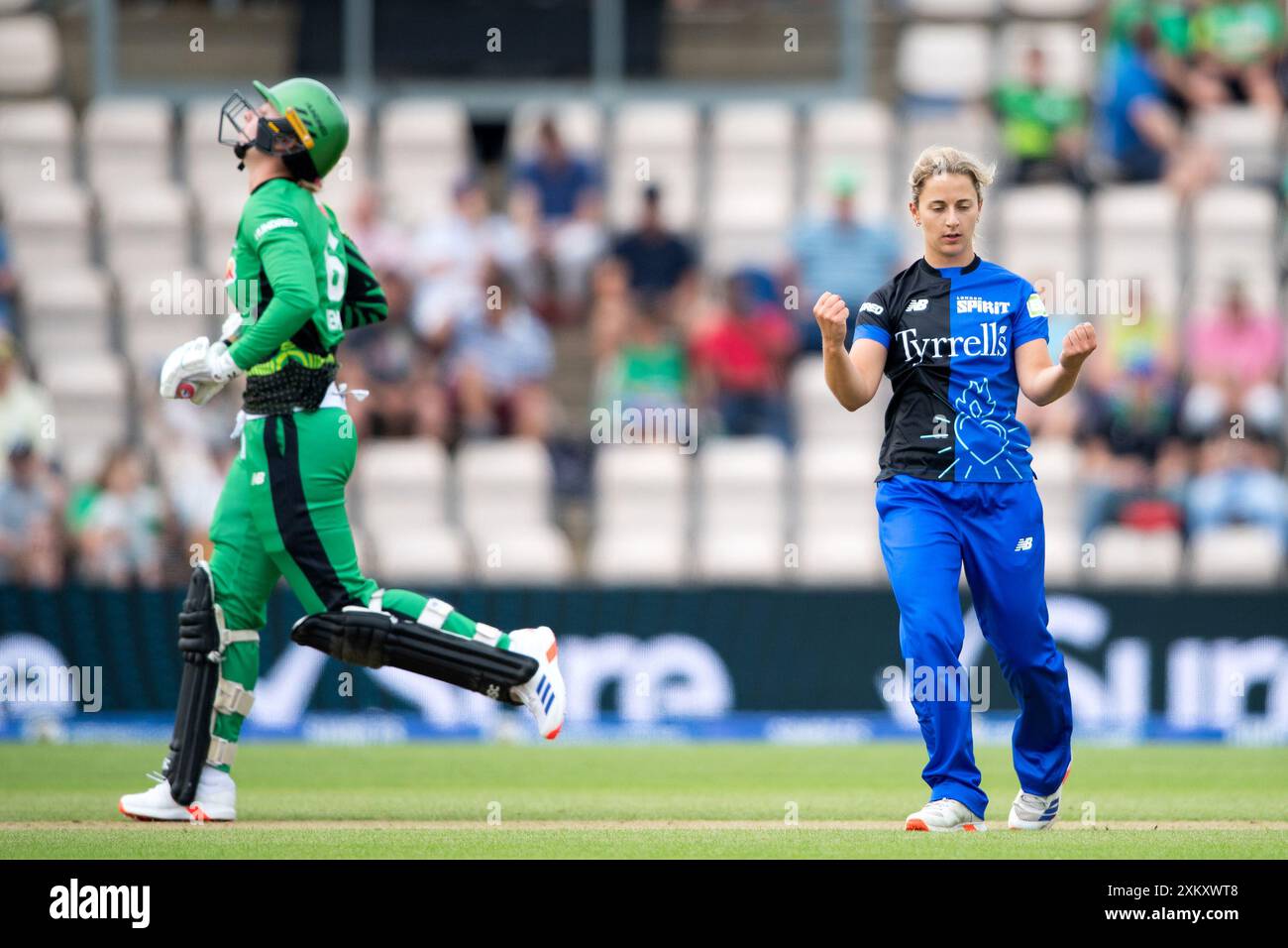Southampton, UK. 24 July 2024. Eva Gray of London Spirit celebrates the ...