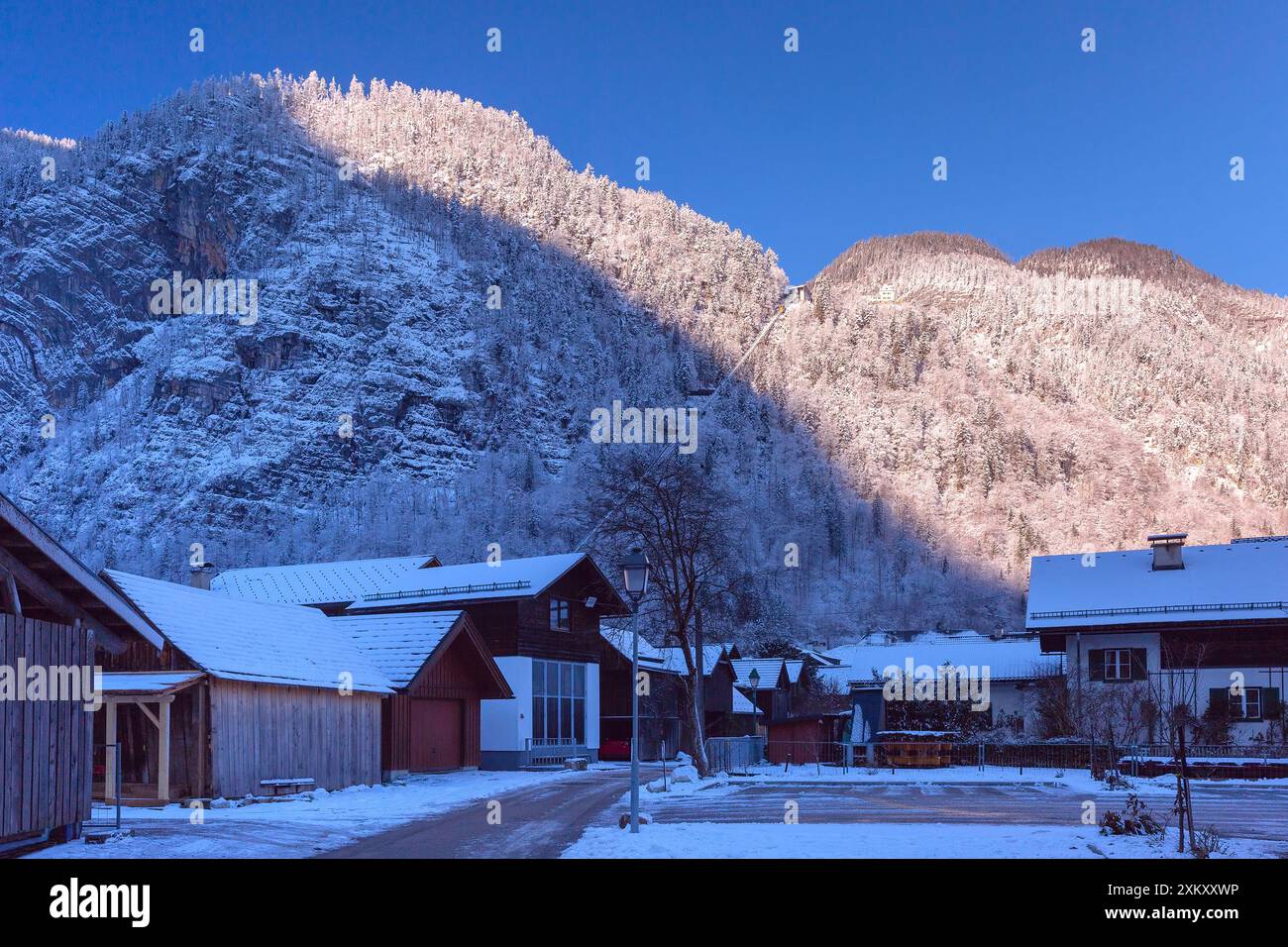 Mountain cable car on the side of a steep mountain with salt mines in Hallstatt, Austria Stock ...