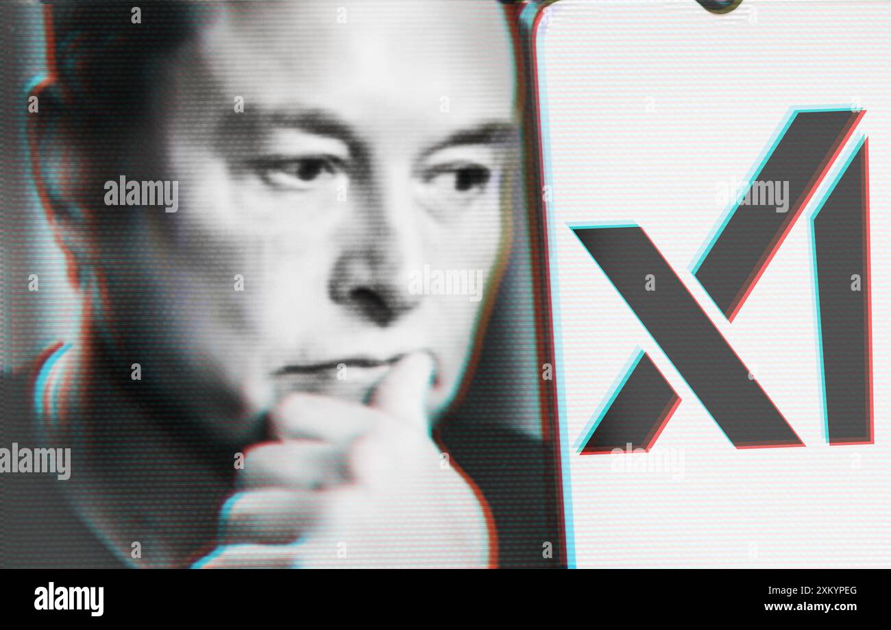Poltava. Ukraine - July 25, 2024: xAI logo on smartphone screen with founder Elon Musk in the ...