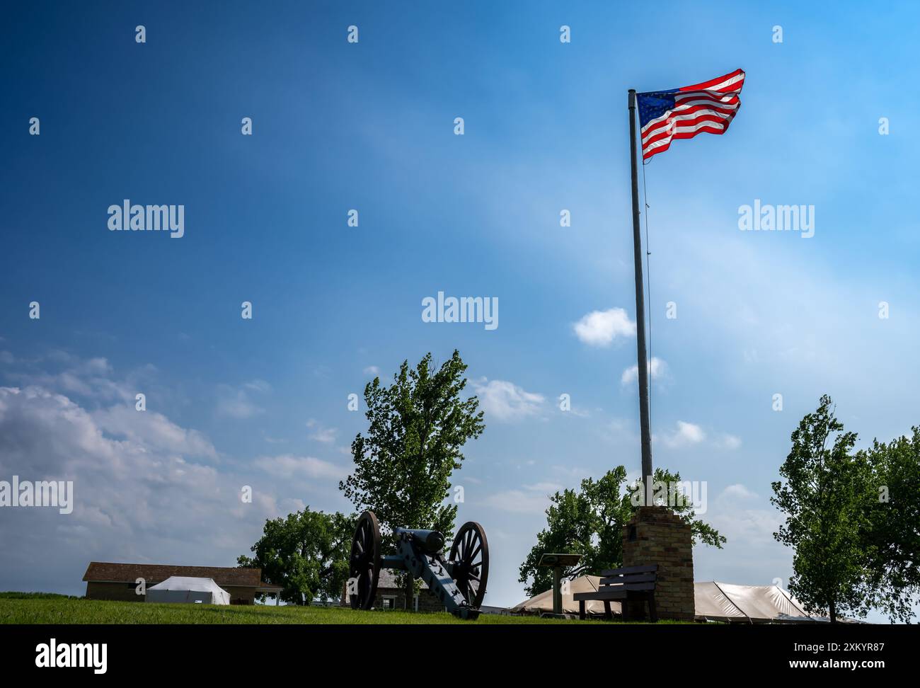 US Flag overlooking Fort Sisseton Historic State Park in South Dakota ...