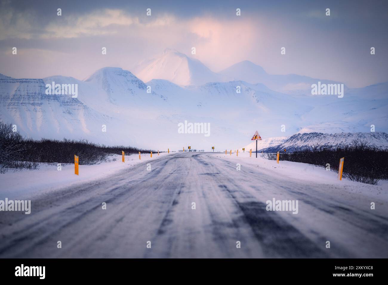 Iceland Ring Road Route 1, during winter, on a beautiful sunny evening ...