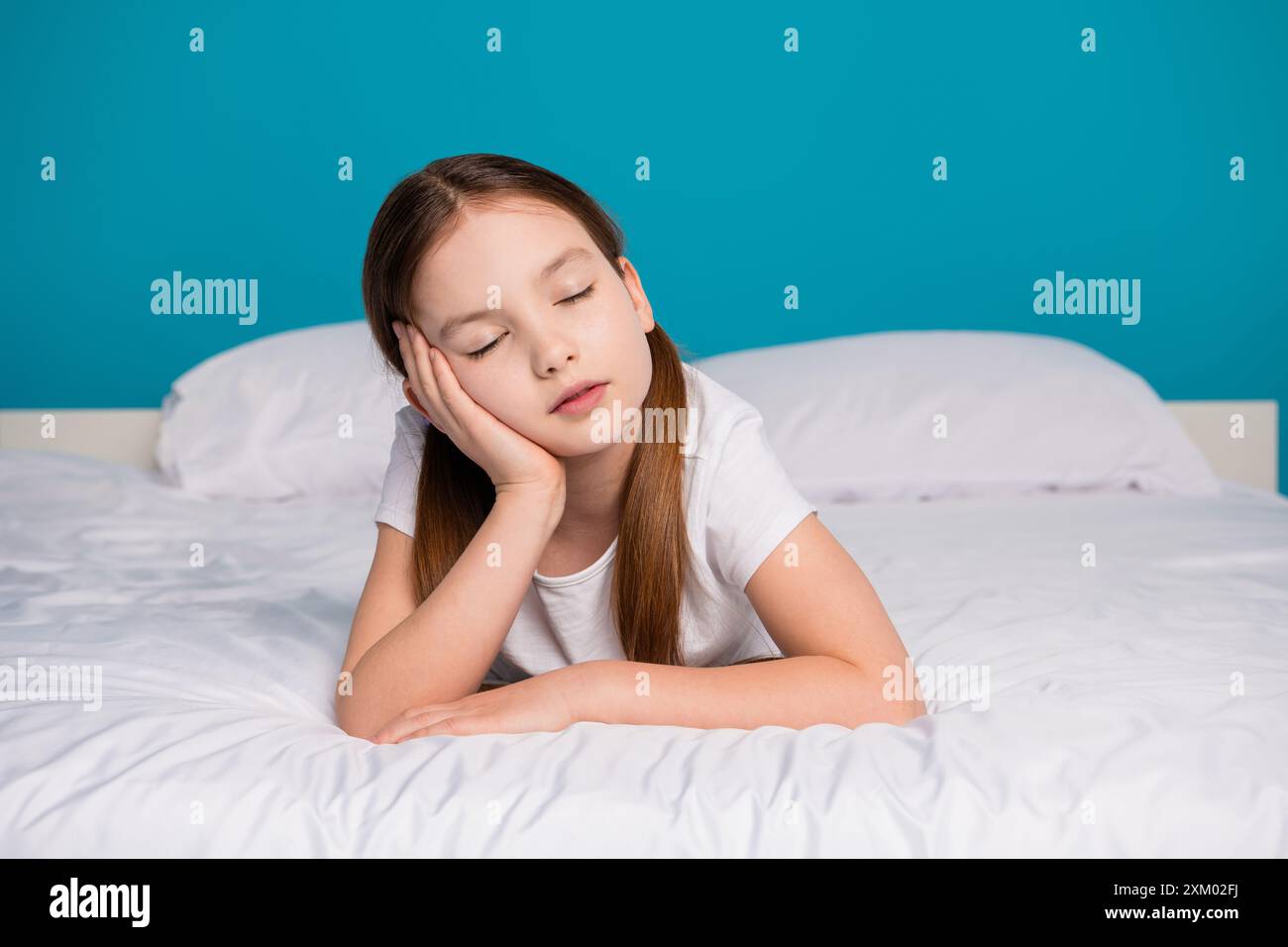 Full body photo of cute little girl sleeping dream closed eyes lying ...