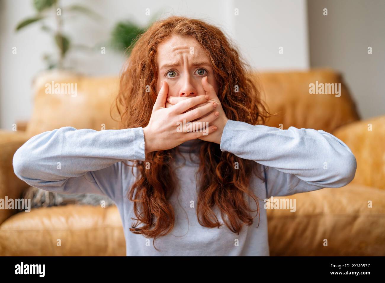 disgust smell bad breath woman shocked covering, close her mouth with ...